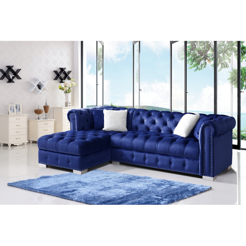 House of Hampton Velvet L Shaped 2 Piece Upholstered Sectional Fabric Navy Blue Velvet